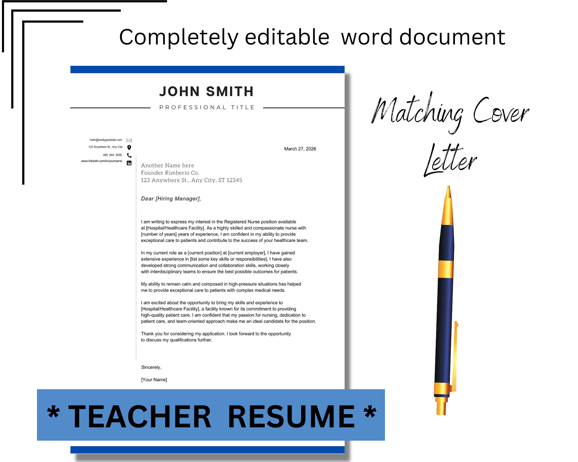 Modern Teacher Resume Template, Teacher Resume Template With Cover ...