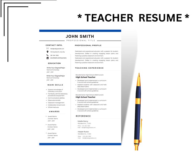 Creative Teacher Resume Template, Teacher Resume Template With Photo ...