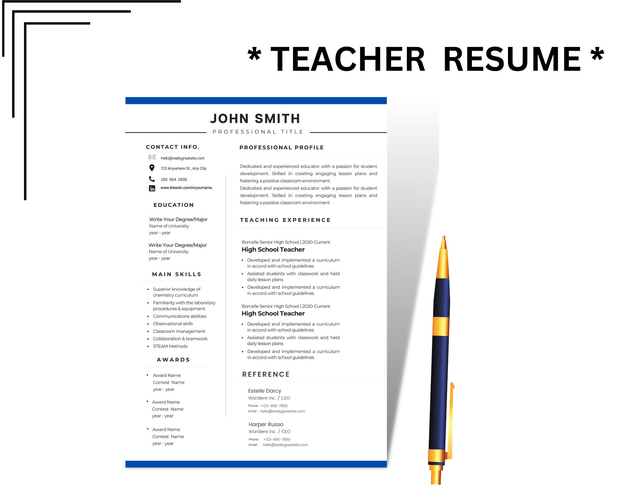 Modern Teacher Resume Template, Teacher Resume Template With Cover ...