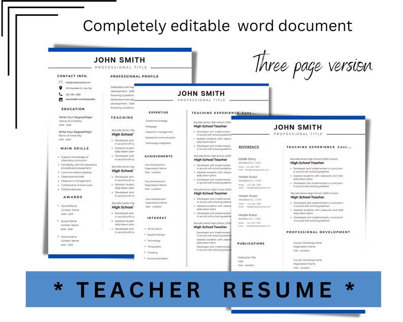 Modern Teacher Resume Template, Teacher Resume Template With Cover ...
