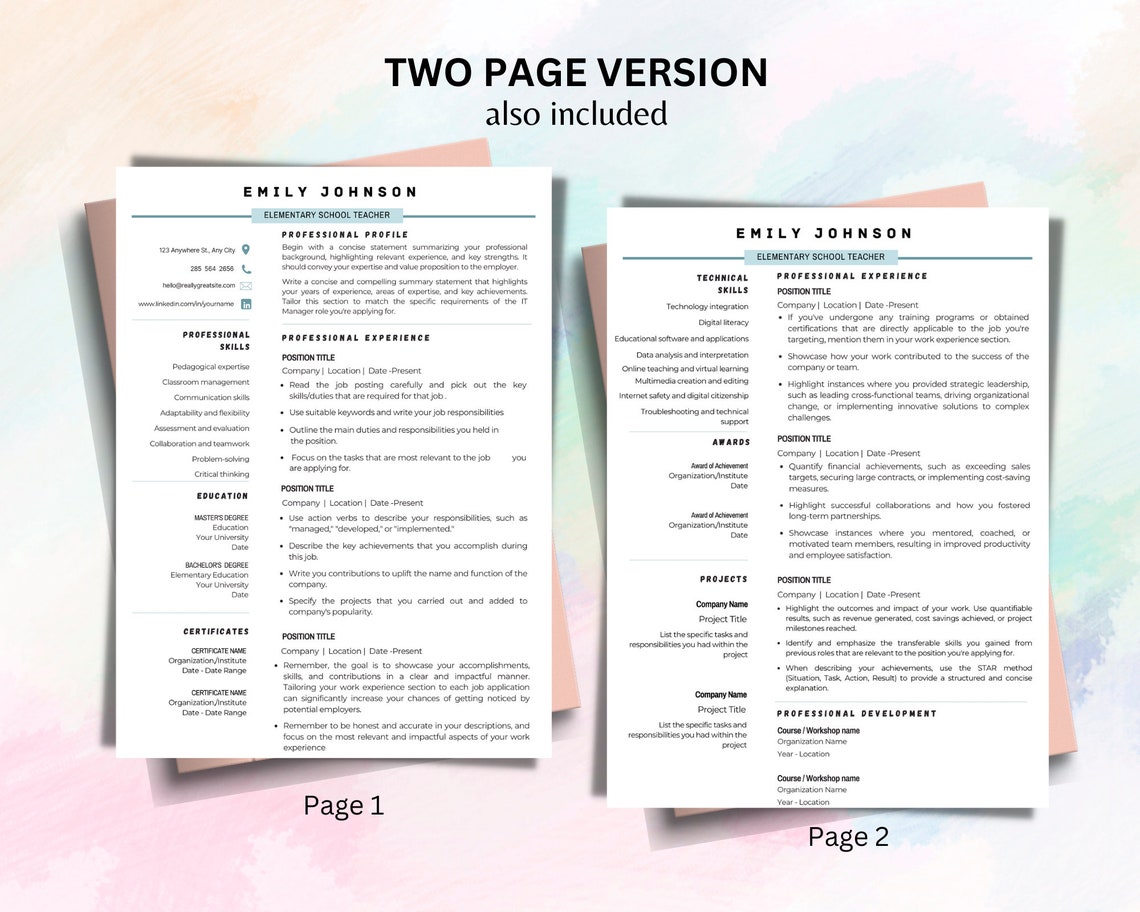 Teacher Resume Template for Word, 1,2,3 Pages Resume Template, ATS ...