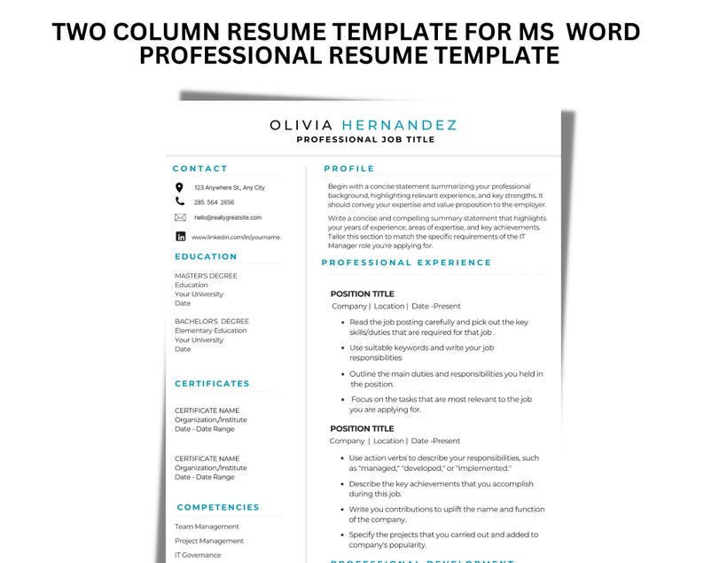 Two Column Resume Template for Word & Pages - Professional Resume ...