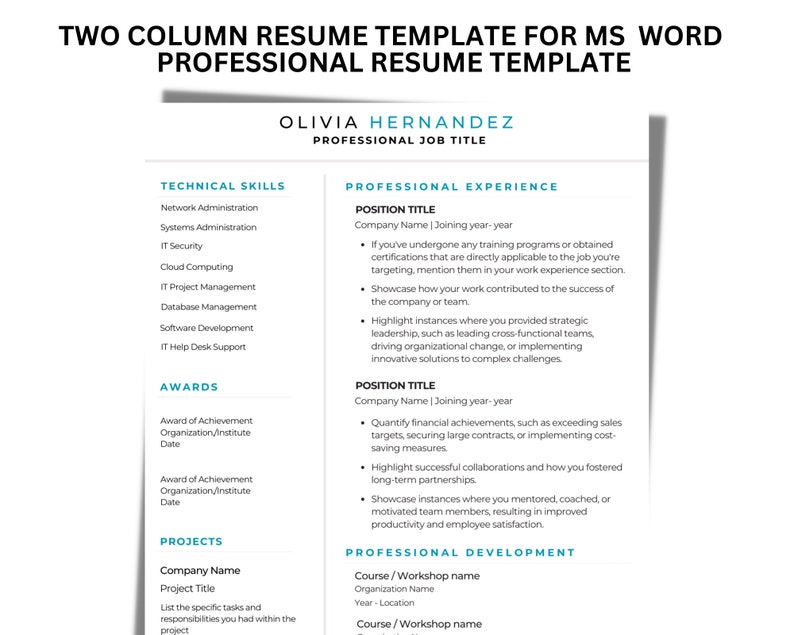 Two Column Resume Template for Word & Pages - Professional Resume ...