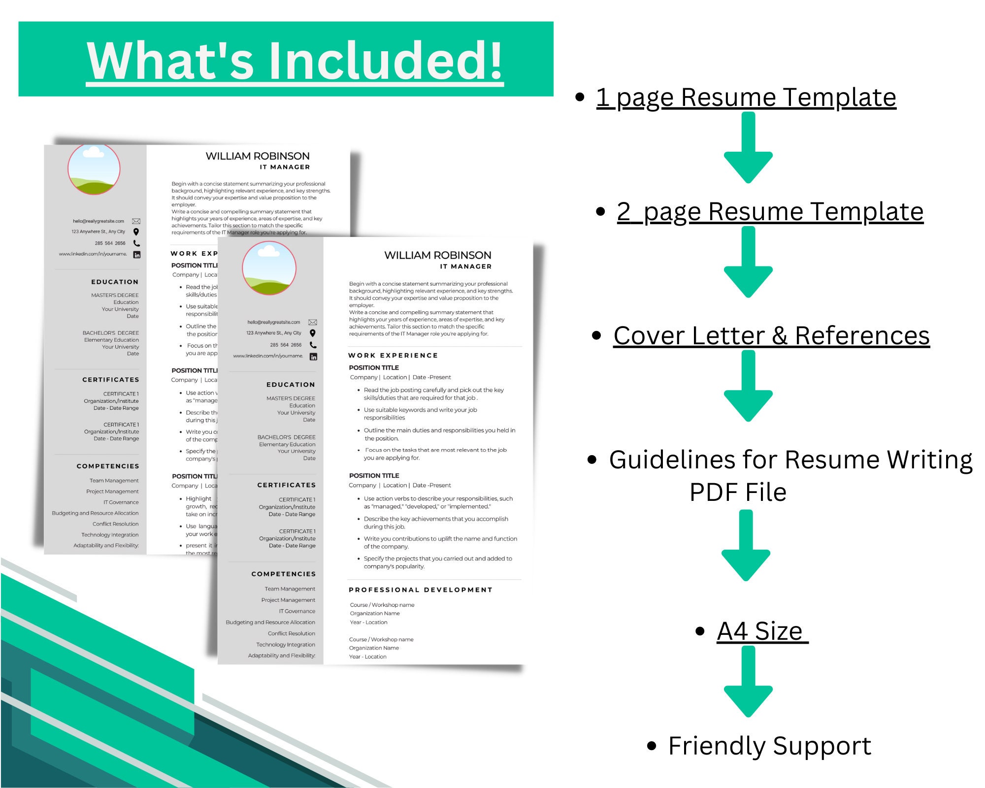 Two Page Resume Template With Photo Professional Resume - Etsy