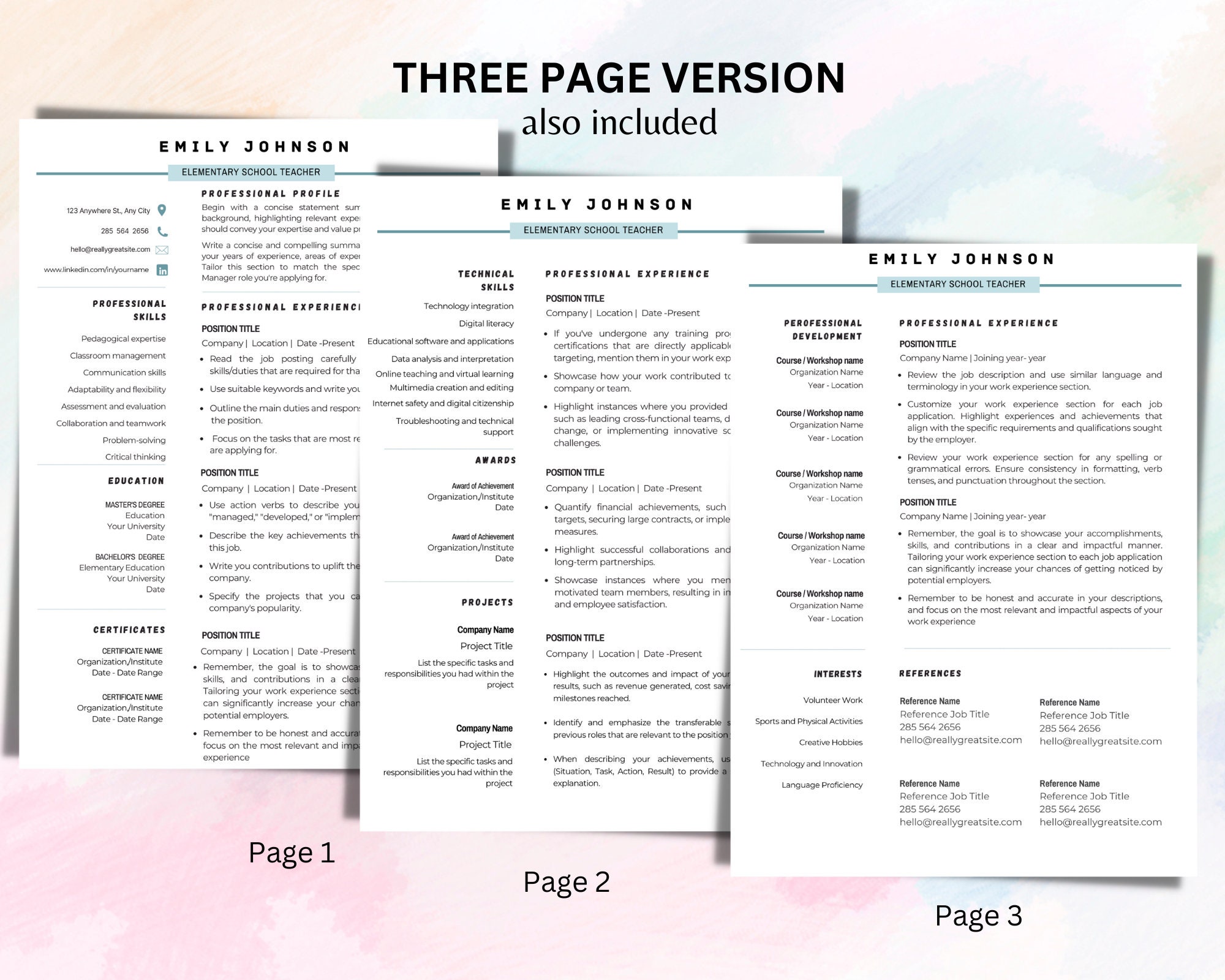 Teacher Resume Template for Word, 1,2,3 Pages Resume Template, ATS ...