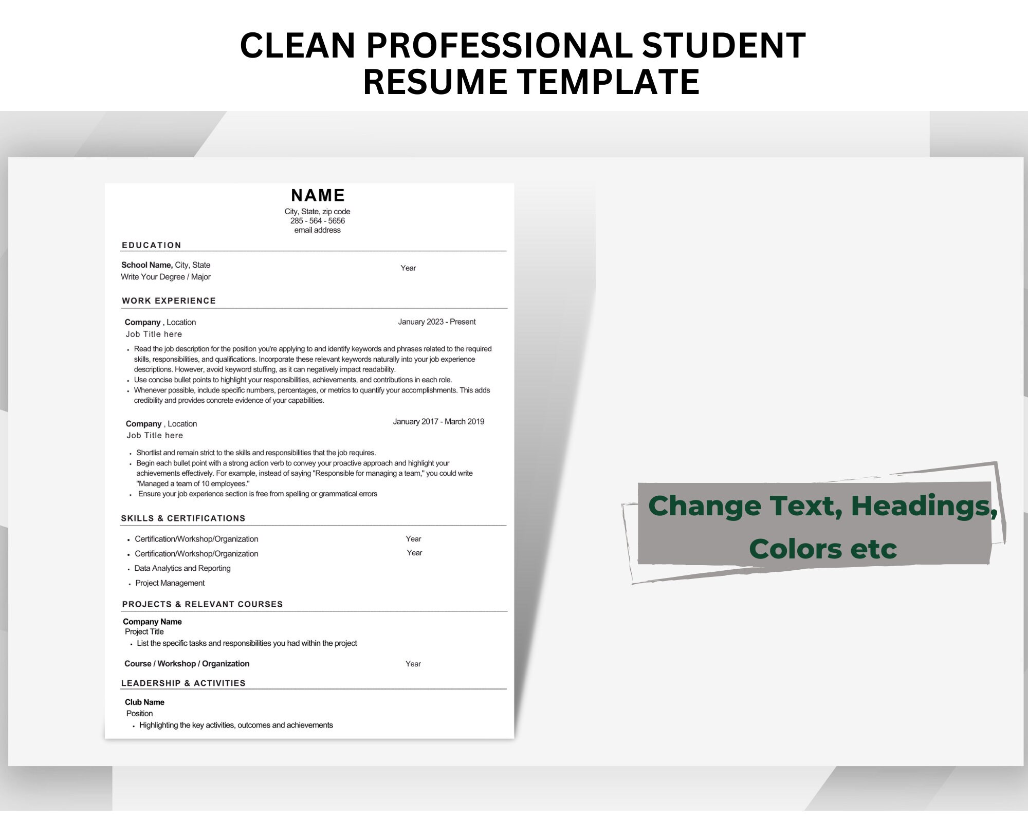 Student Resume Template, Clean & Professional Resume Template, College ...