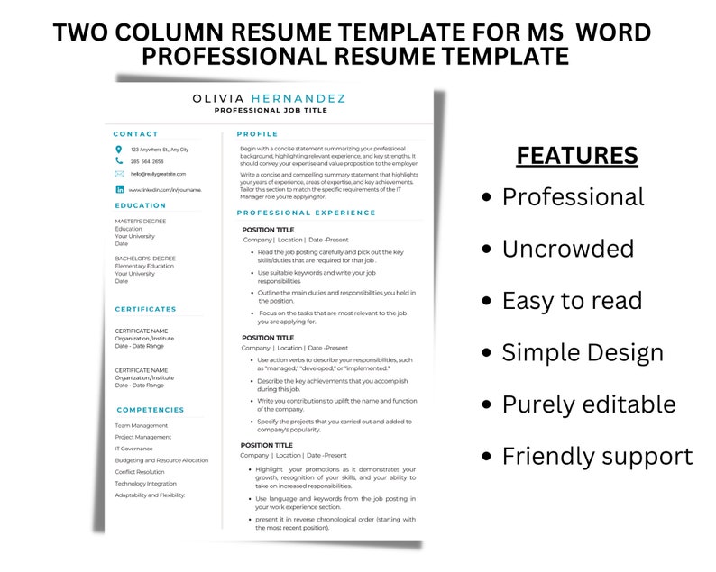 Two Column Resume Template for Word & Pages - Professional Resume ...