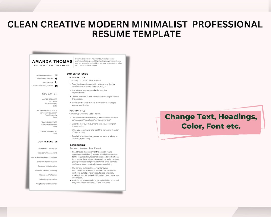 Modern Clean CV Template for Word, Minimalist Mac & PC Resume, Simple ...