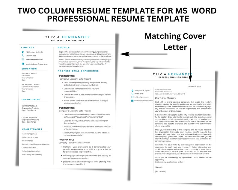 Two Column Resume Template for Word & Pages - Professional Resume ...