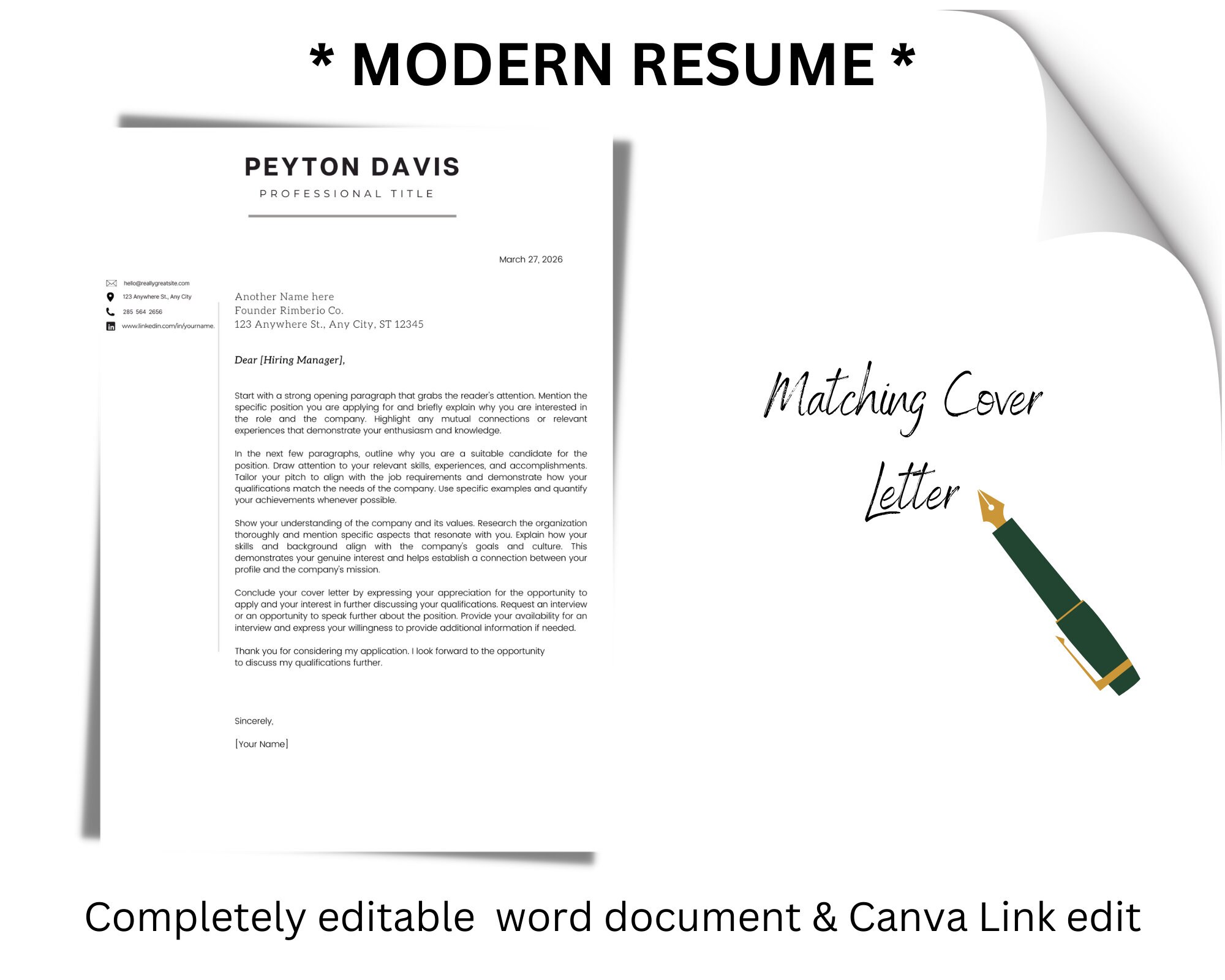 Resume Template With Cover Letter, Professional Resume Template for ...