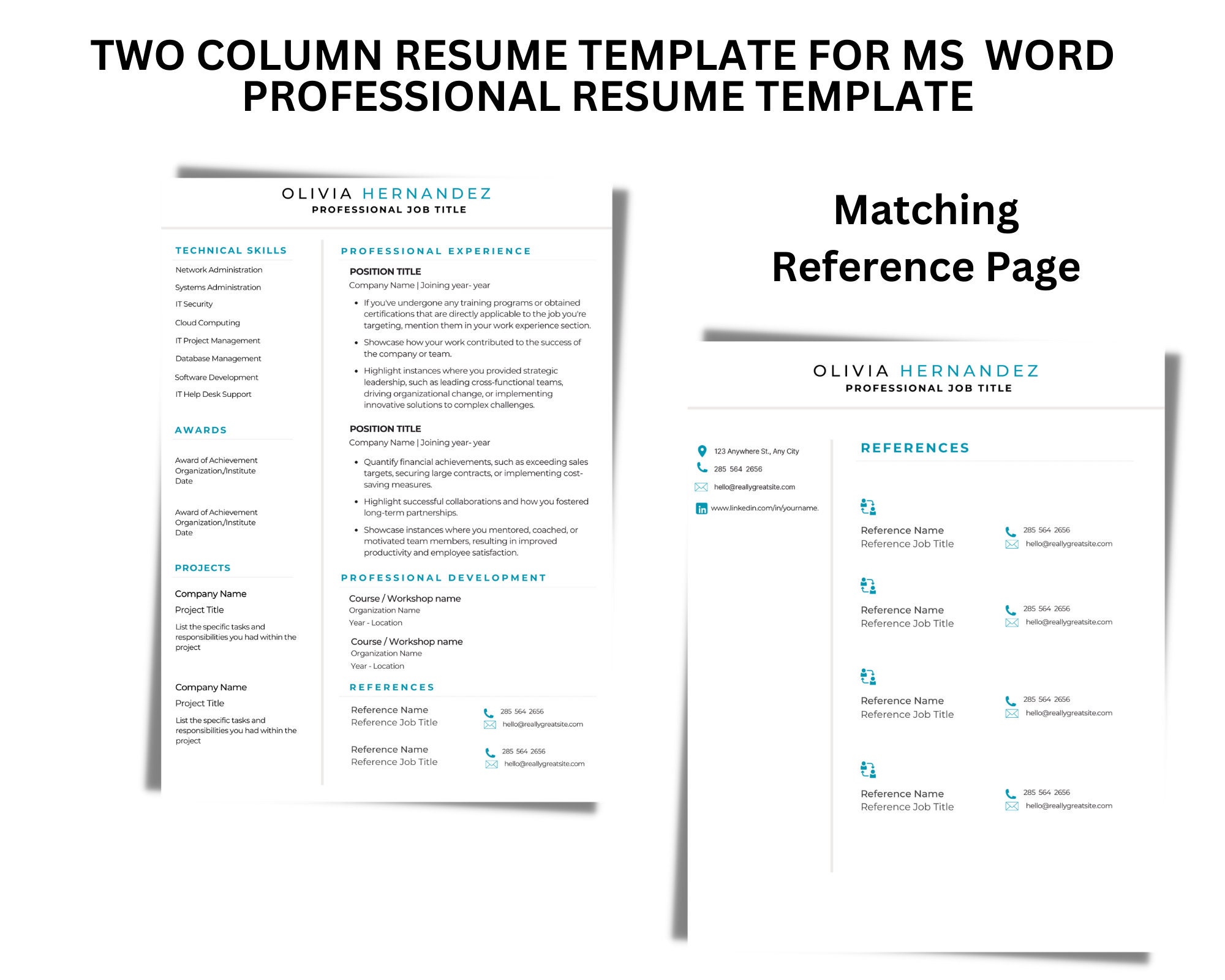 Two Column Resume Template for Word & Pages - Professional Resume ...