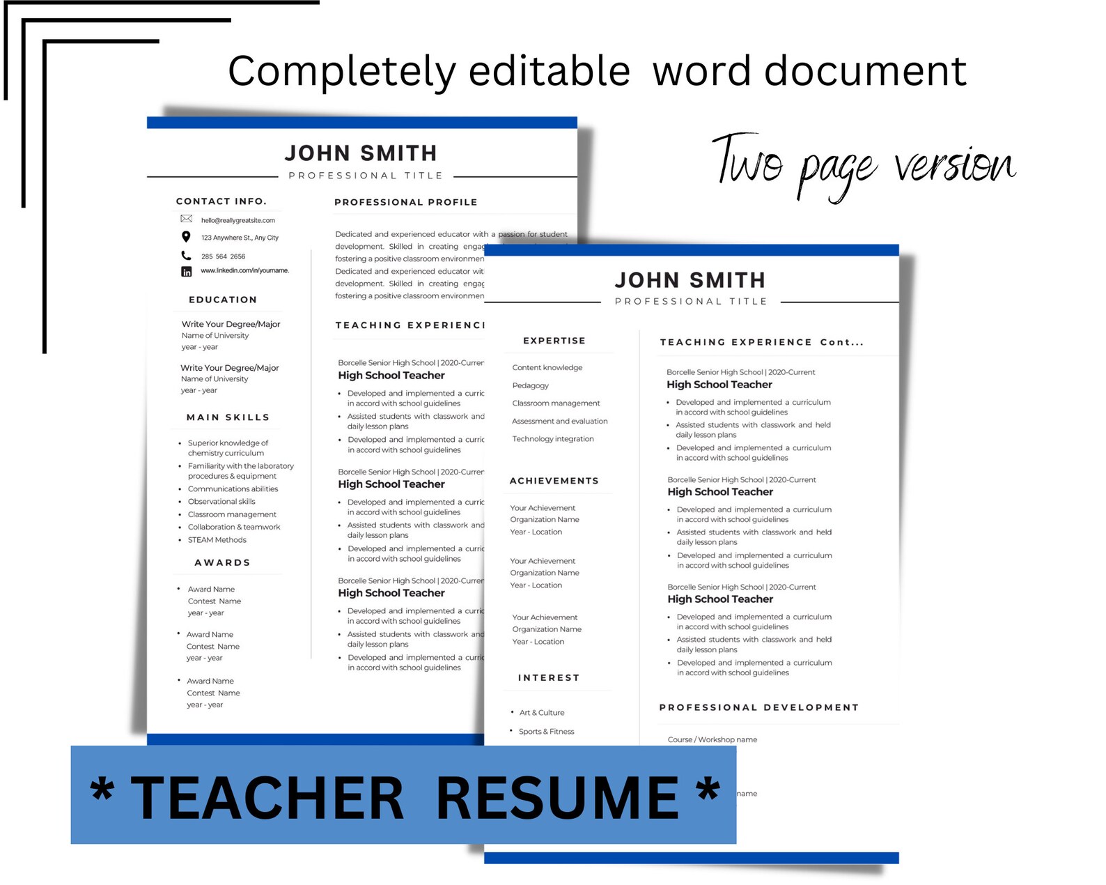 Modern Teacher Resume Template, Teacher Resume Template With Cover ...