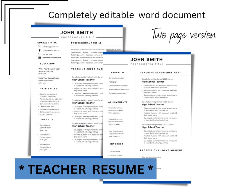 Modern Teacher Resume Template, Teacher Resume Template With Cover ...