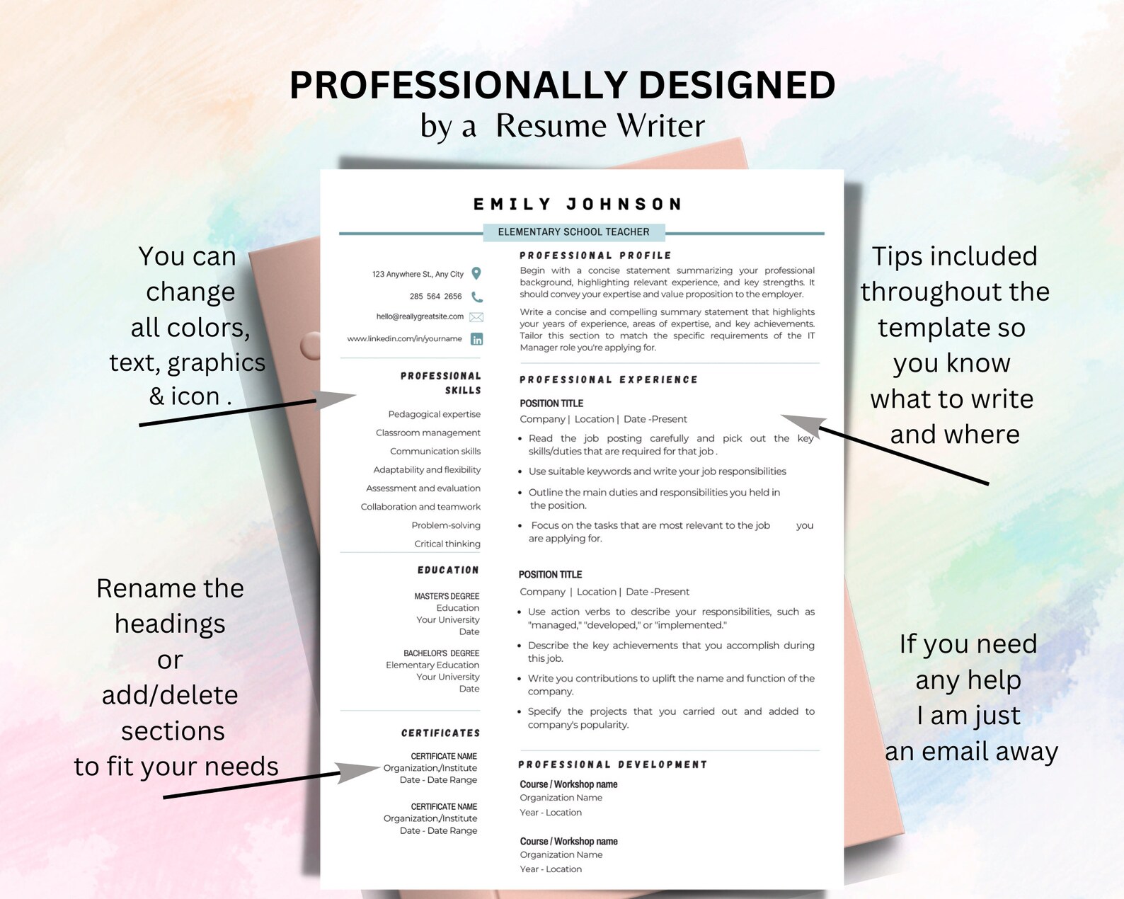 Teacher Resume Template for Word, 1,2,3 Pages Resume Template, ATS ...