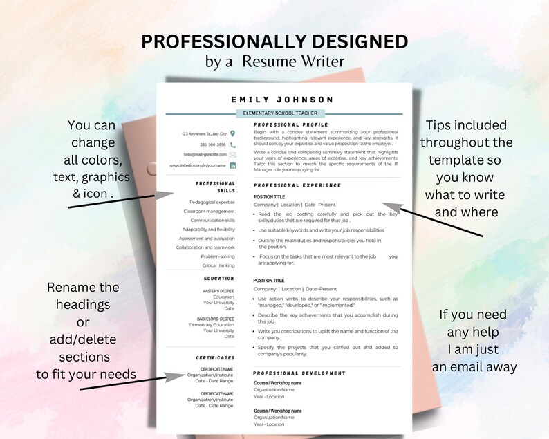 Teacher Resume Template for Word, 1,2,3 Pages Resume Template, ATS ...