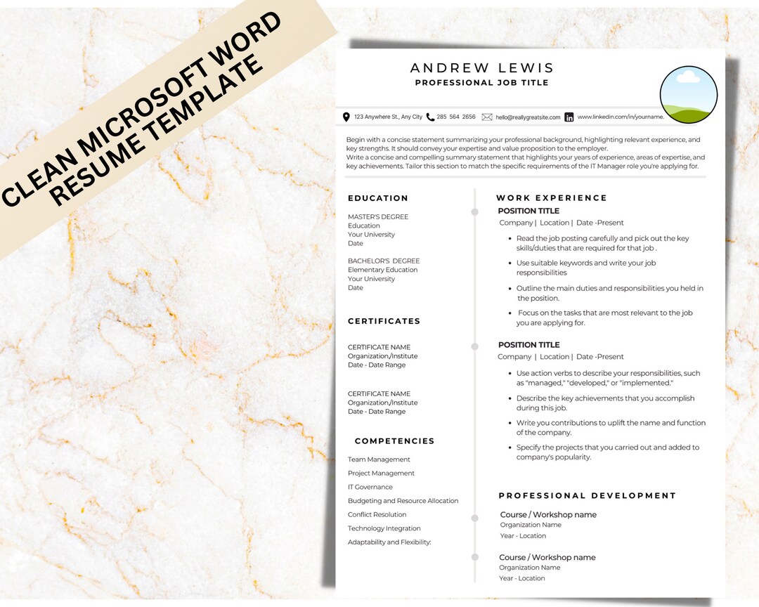 Headshot Resume Template With Photo, Resume CV Template for Word ...