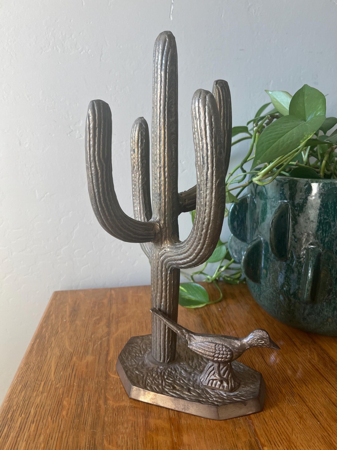 Vintage Brass Saguaro Cactus and Roadrunner Sculpture, Cacti Bookend ...