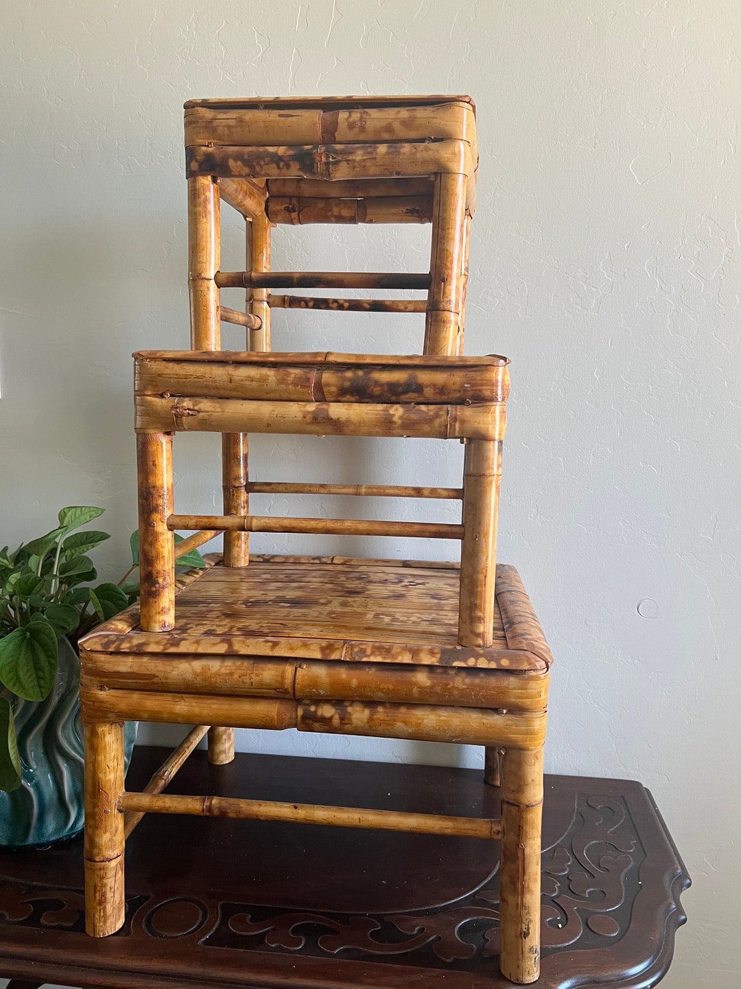 Rattan Plant Stands, Vintage Nesting Burnt Bamboo Stands, Set of 3 ...