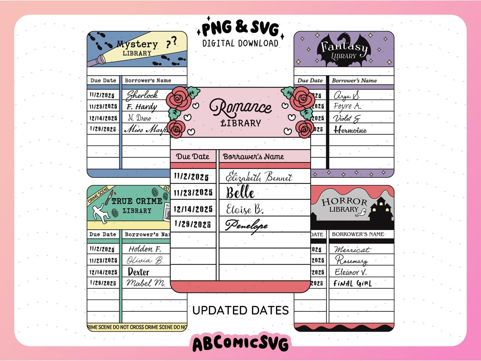 Library Due Card Bundle SVG PNG, Trendy Bookish Design Files for ...