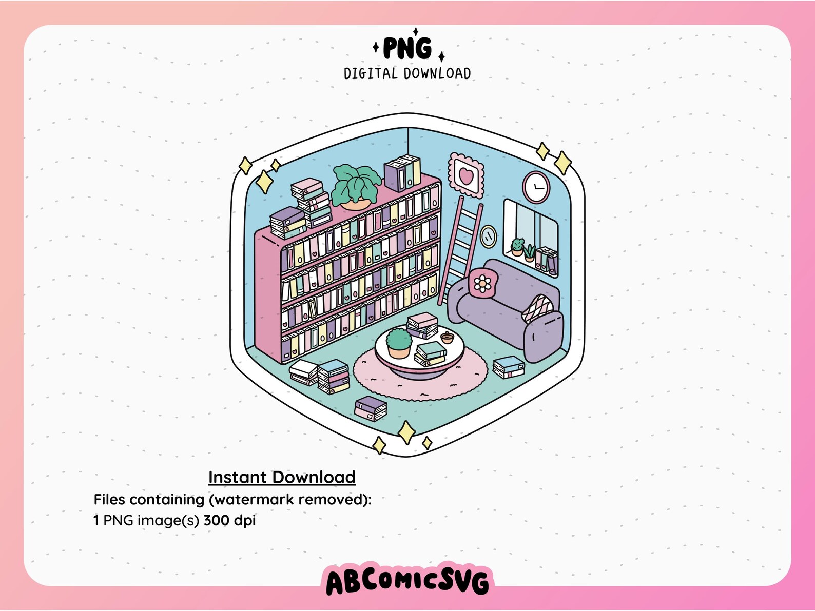 Cute Isometric Library PNG, Cozy Reader PNG, Bookish PNG, Trendy Design ...