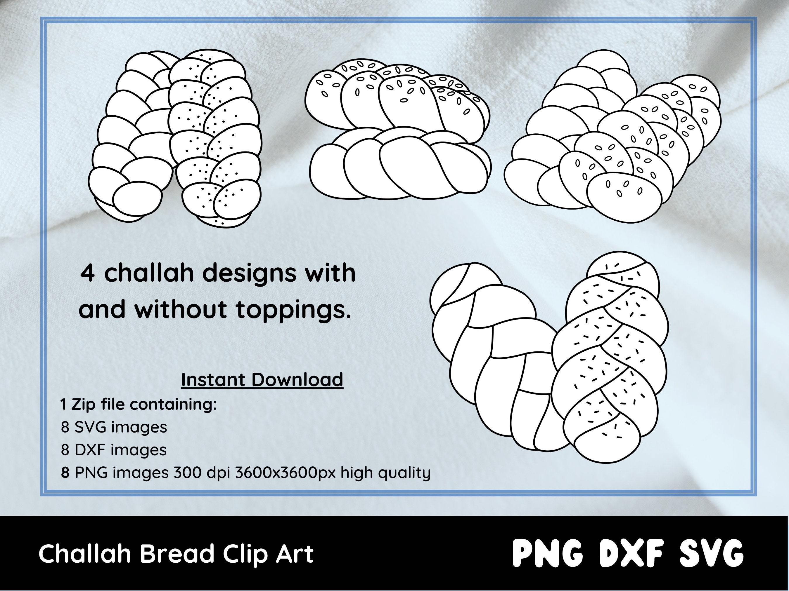 Challah Bread Loaf Clip Art, Jewish Shabbat Hand Drawn Bundle PNG SVG ...