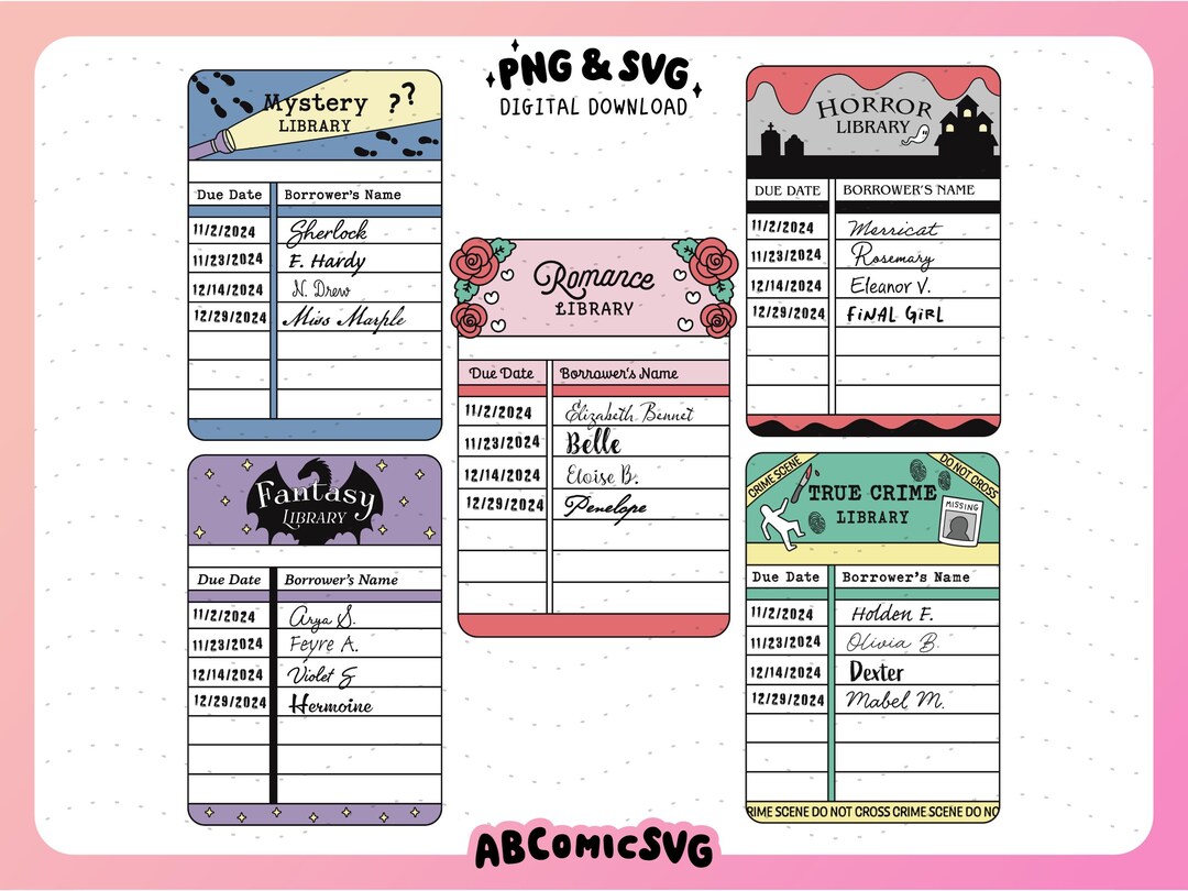 Library Due Card Bundle SVG PNG, Trendy Bookish Design Files for ...