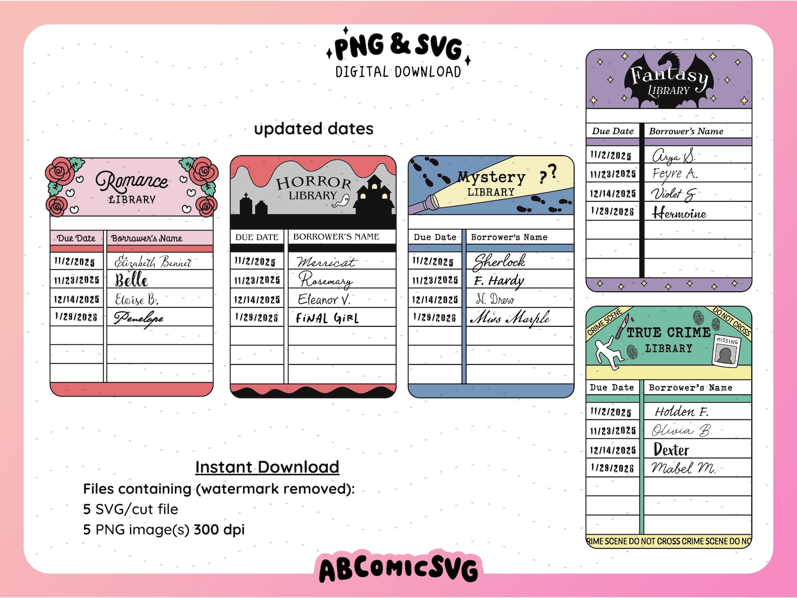 Library Due Card Bundle SVG PNG, Trendy Bookish Design Files for ...