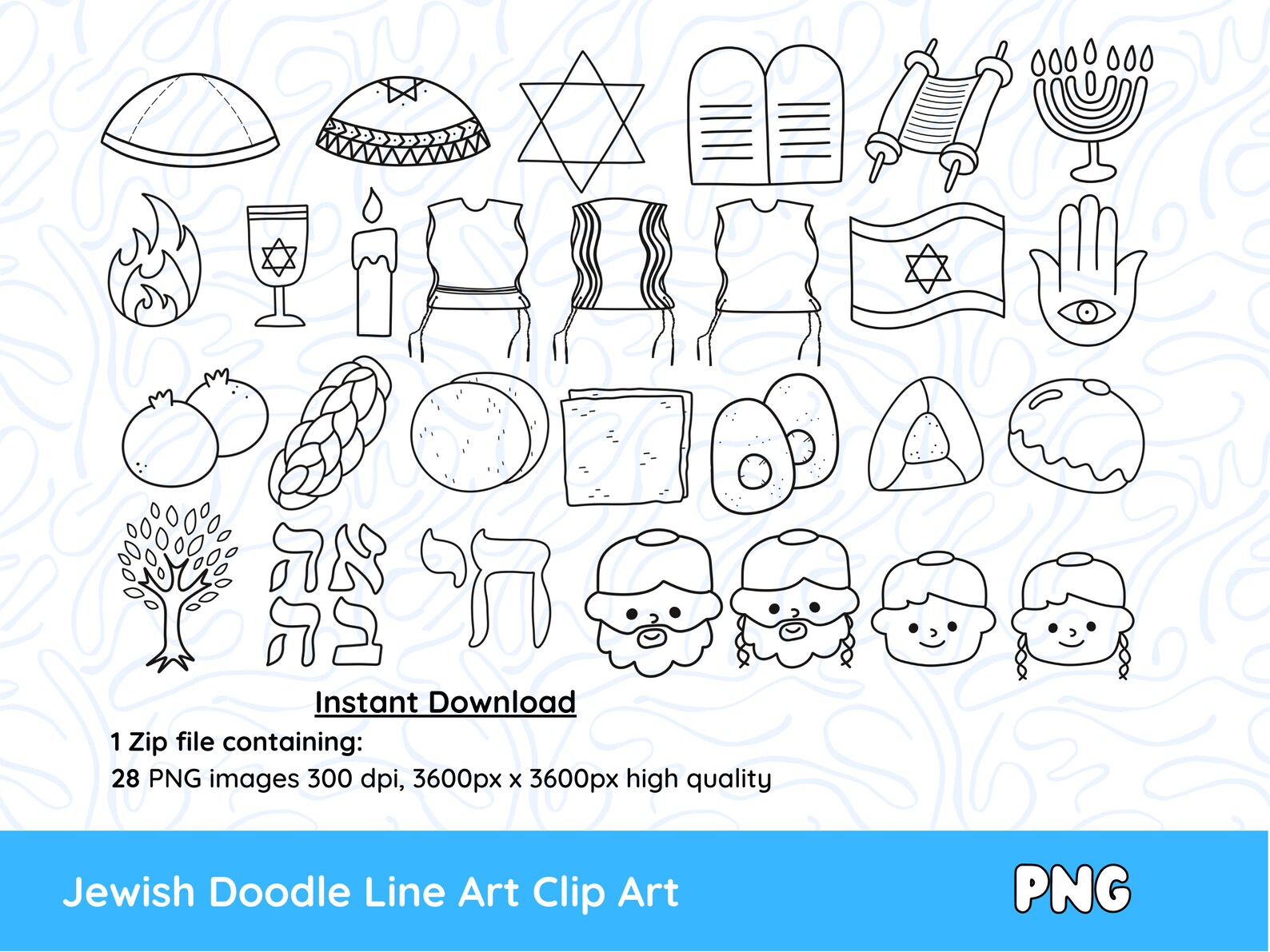 Jewish Doodle Line Art Clip Art Judaica Hebrew PNG for - Etsy