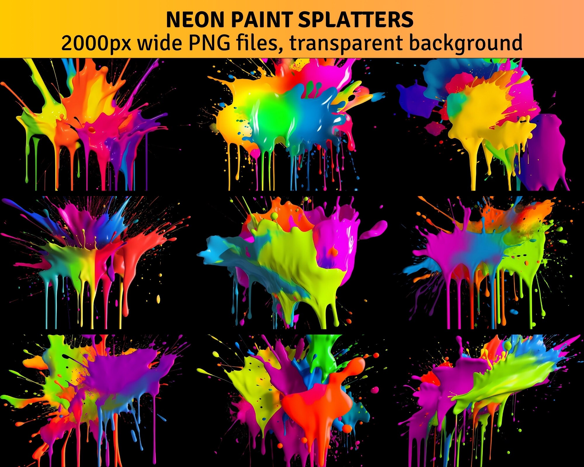 Neon Paint Splatters. Commercial and Personal Use. PNG. Digital Product ...