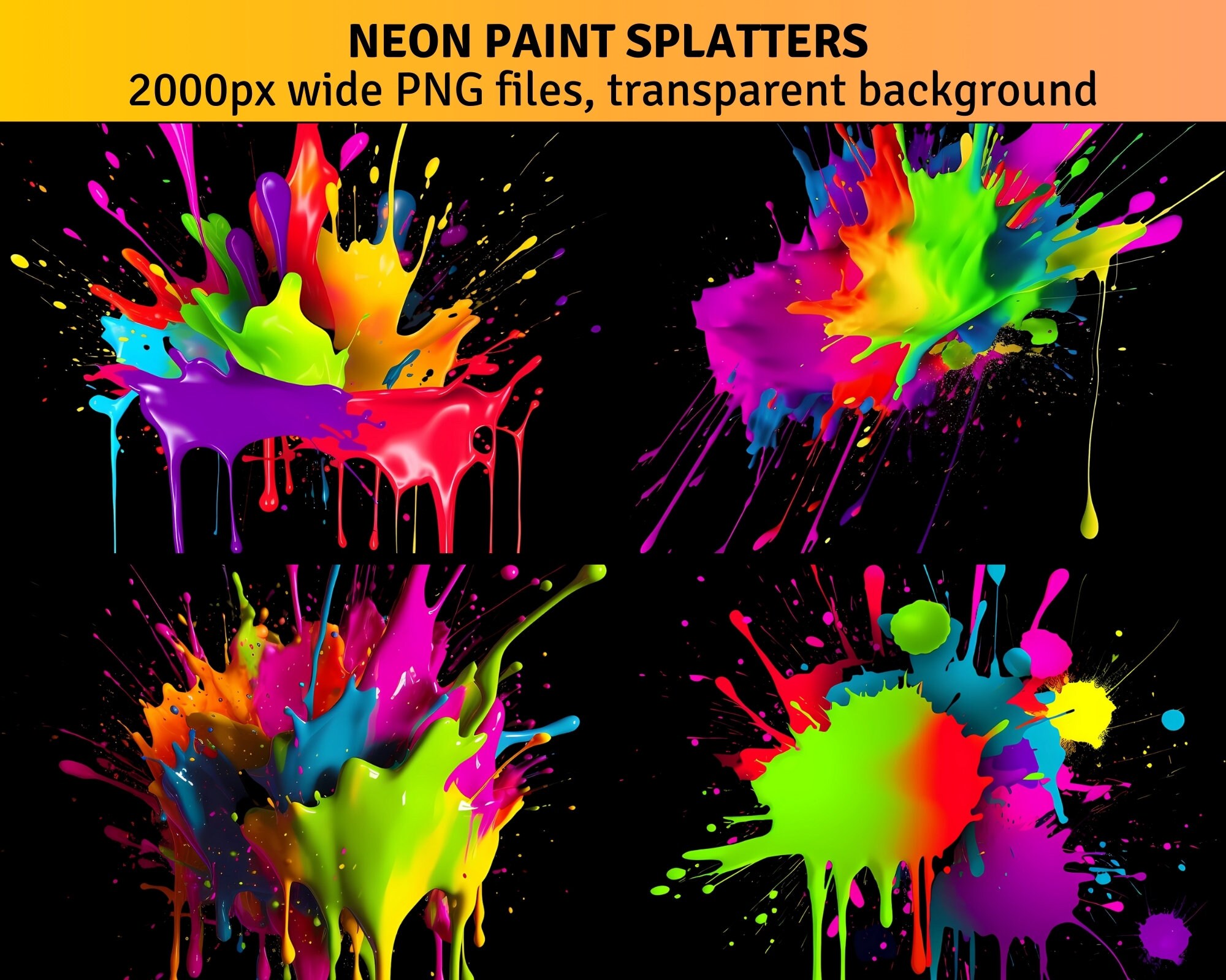 Neon Paint Splatters. Commercial and Personal Use. PNG. Digital Product ...