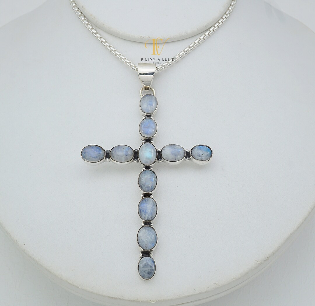 Rainbow Moonstone Cross Pendant: Oxidized Sterling Silver, Unisex - Etsy