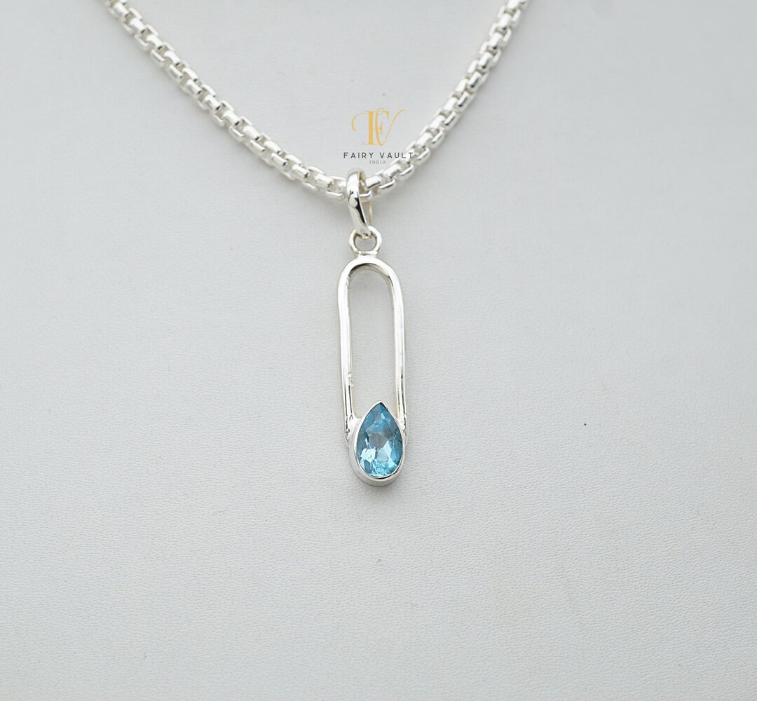Sterling Silver Safety Pin Pendant: Minimalist Blue Topaz Gemstone - Etsy