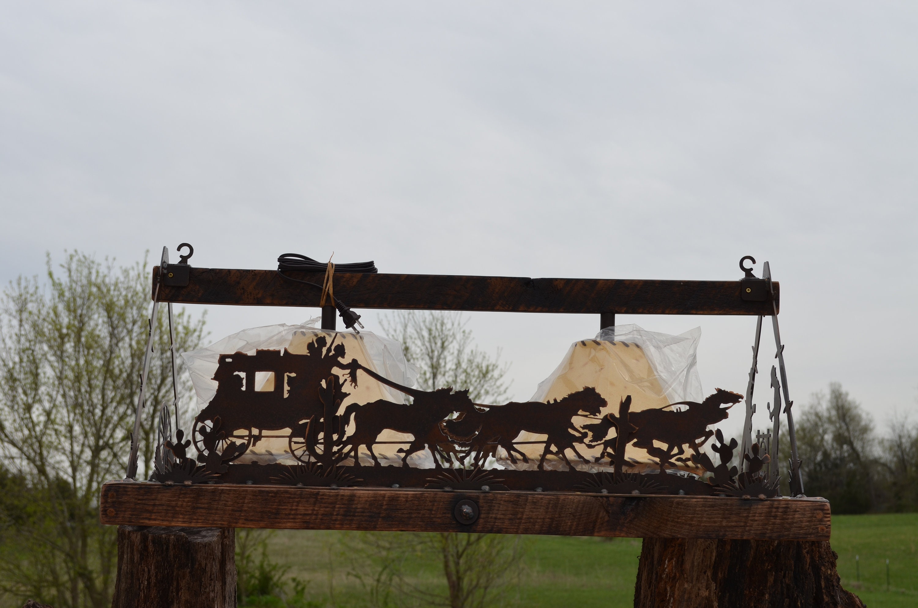 Western Stagecoach Sheepskin Light: Reclaimed Barn Wood Chandelier ...