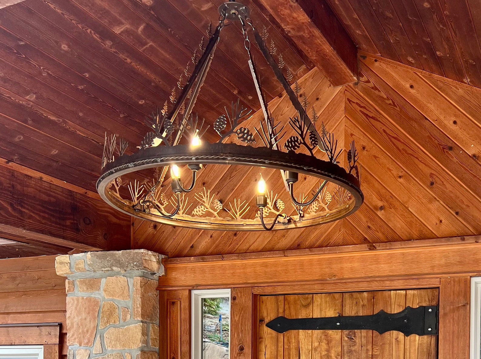 Rustic Pinecone Chandelier: Mountain Lodge Lighting Metal Ring Light ...