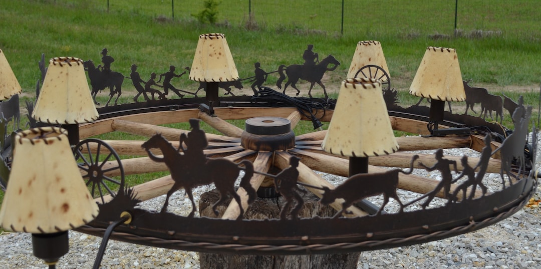 Rustic Wagon Wheel Chandelier: Handmade Sheepskin Shades, Western Ranch ...