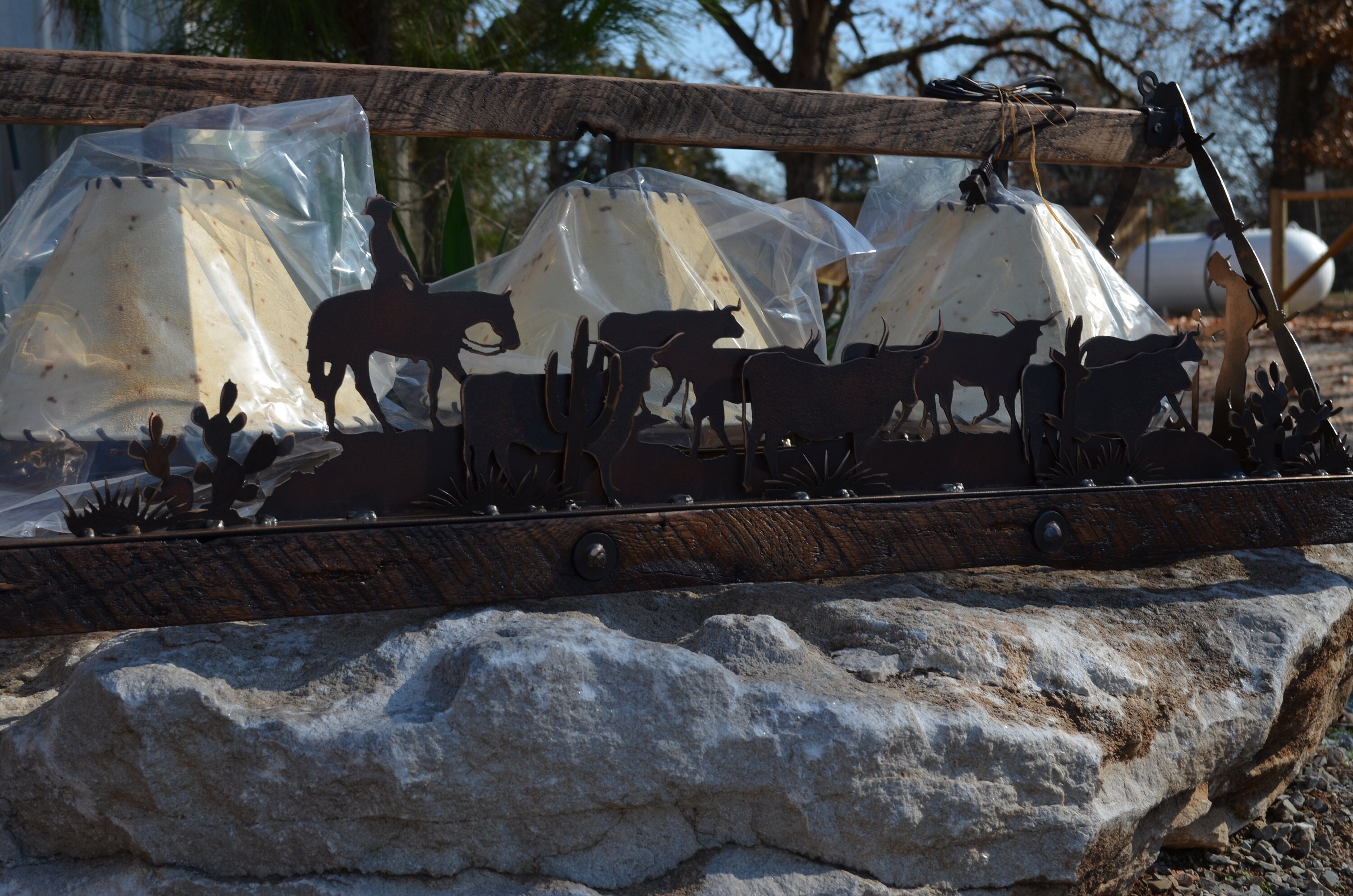 Cattle Drive Chandelier: Sheepskin Shades, Rustic Barn Wood Frame ...