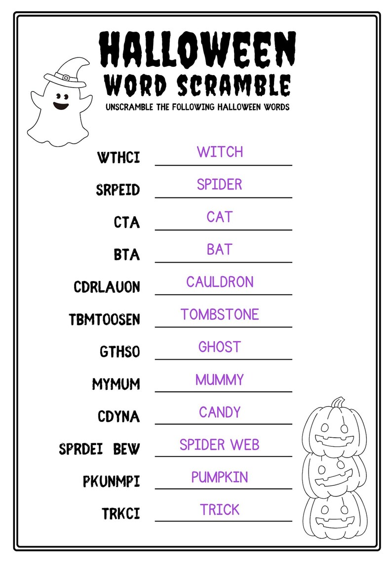 Kids Halloween Word Scramble Worksheet, Kids Halloween Activity ...