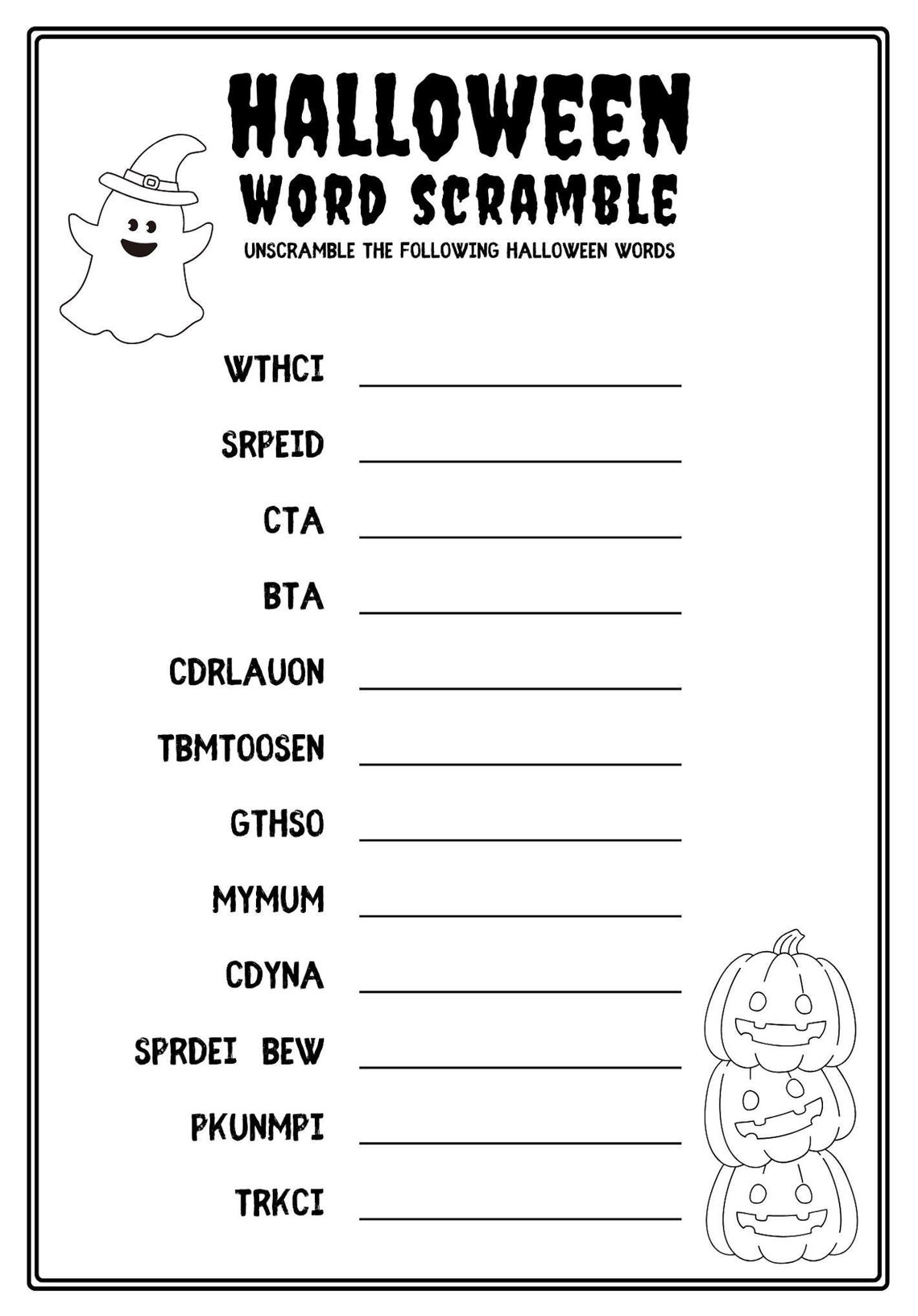 Kids Halloween Word Scramble Worksheet, Kids Halloween Activity ...