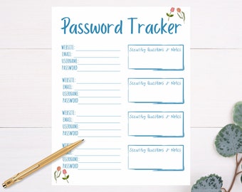 Password Tracker Printable & Fillable, Password Keeper, Password ...