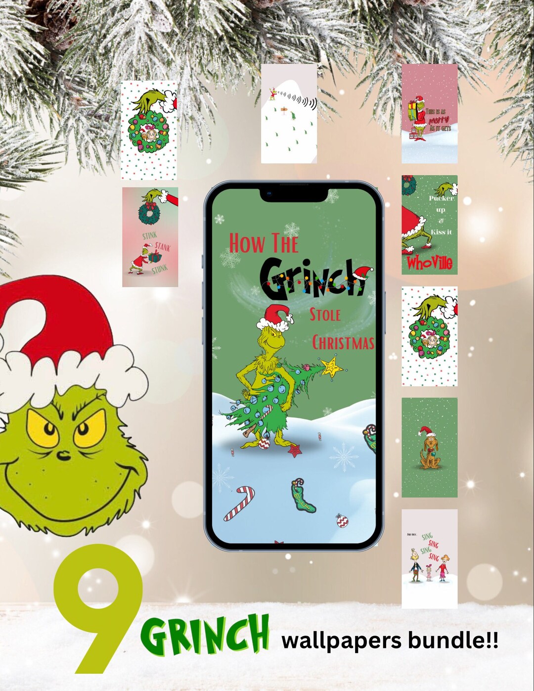 Grinch Bundle Phone Wallpaper, Grinch Christmas Wallpaper, Grinch Phone ...