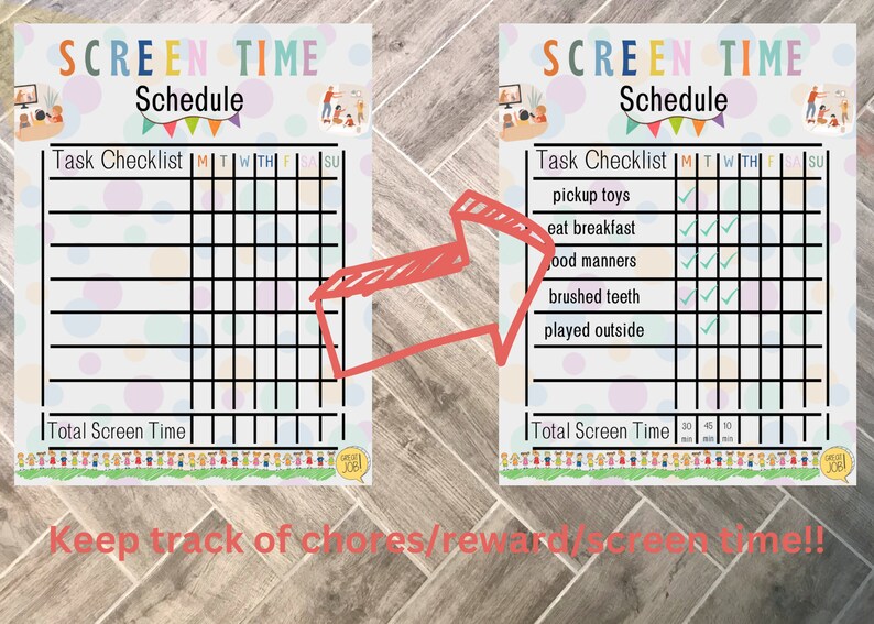 Screen Time Chart Checklist, Printable Screen Time Chore Chart, Daily ...