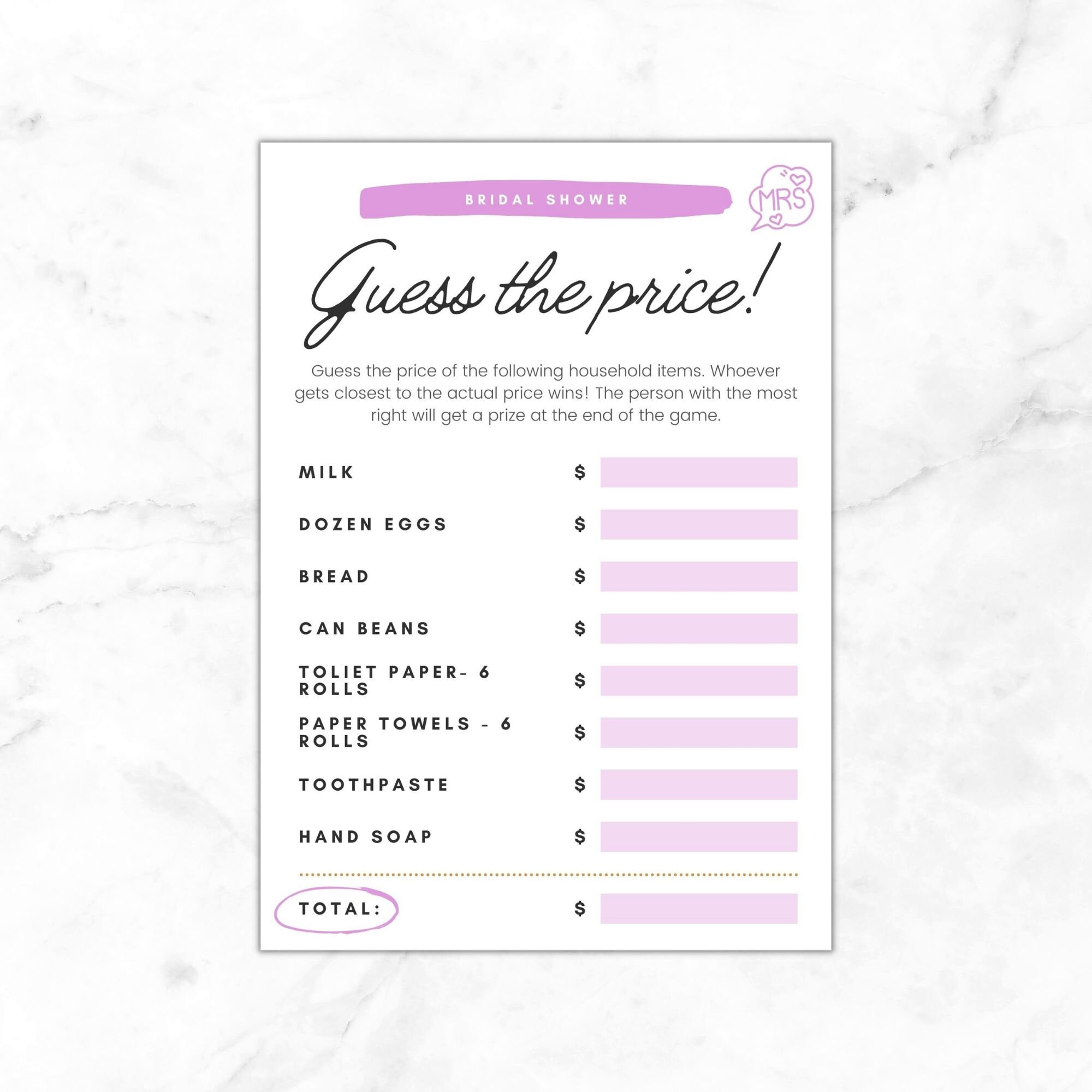 Guess the Price Bridal Shower Game, Printable Bridal Shower Game ...