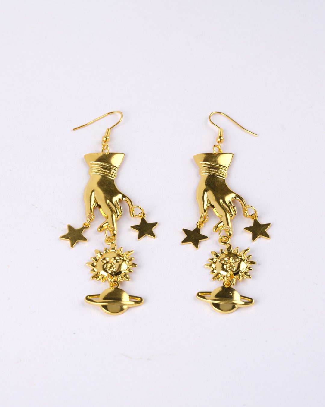 Magic Space Earrings, Hand Crescent Earrings, Celestial Earrings, Stars ...