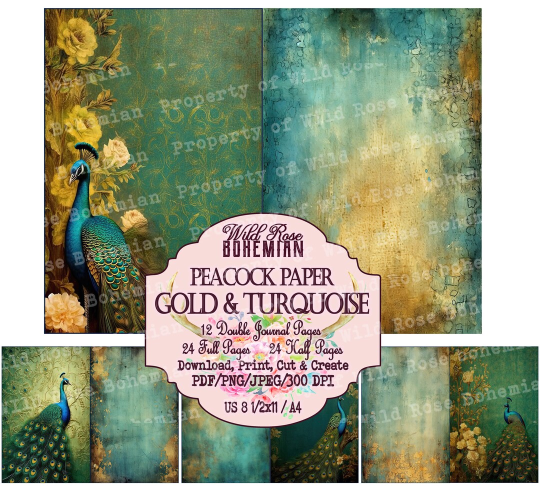 Turquoise and Gold Peacock Digital Paper, Art Deco Paper, Frames Art ...