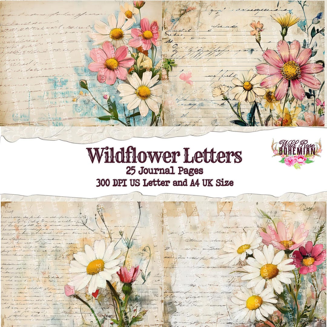 Wildflower Junk Journal Paper: Vintage Script, Daisy Ephemera (digital ...