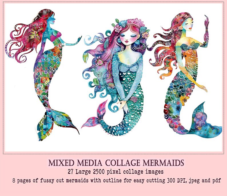 Painterly Artistic Mermaid Paperdolls, Mixed Media Collaged Paper Doll ...