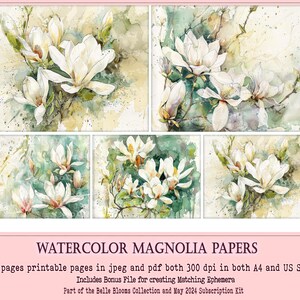 Watercolor Magnolia Paper: Green & Cream Floral Printable (digital ...