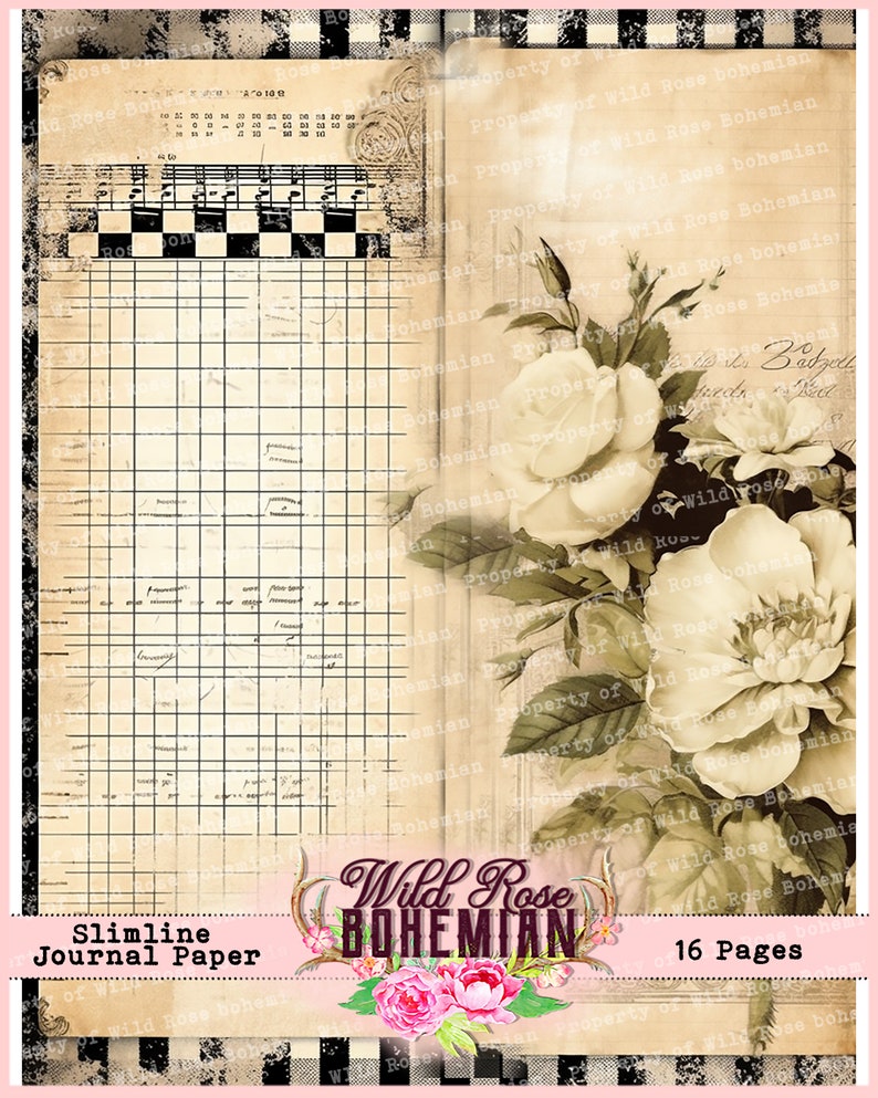 Farm Paper Slimline Journal Digital, Farmhouse Black Gingham and Rose ...