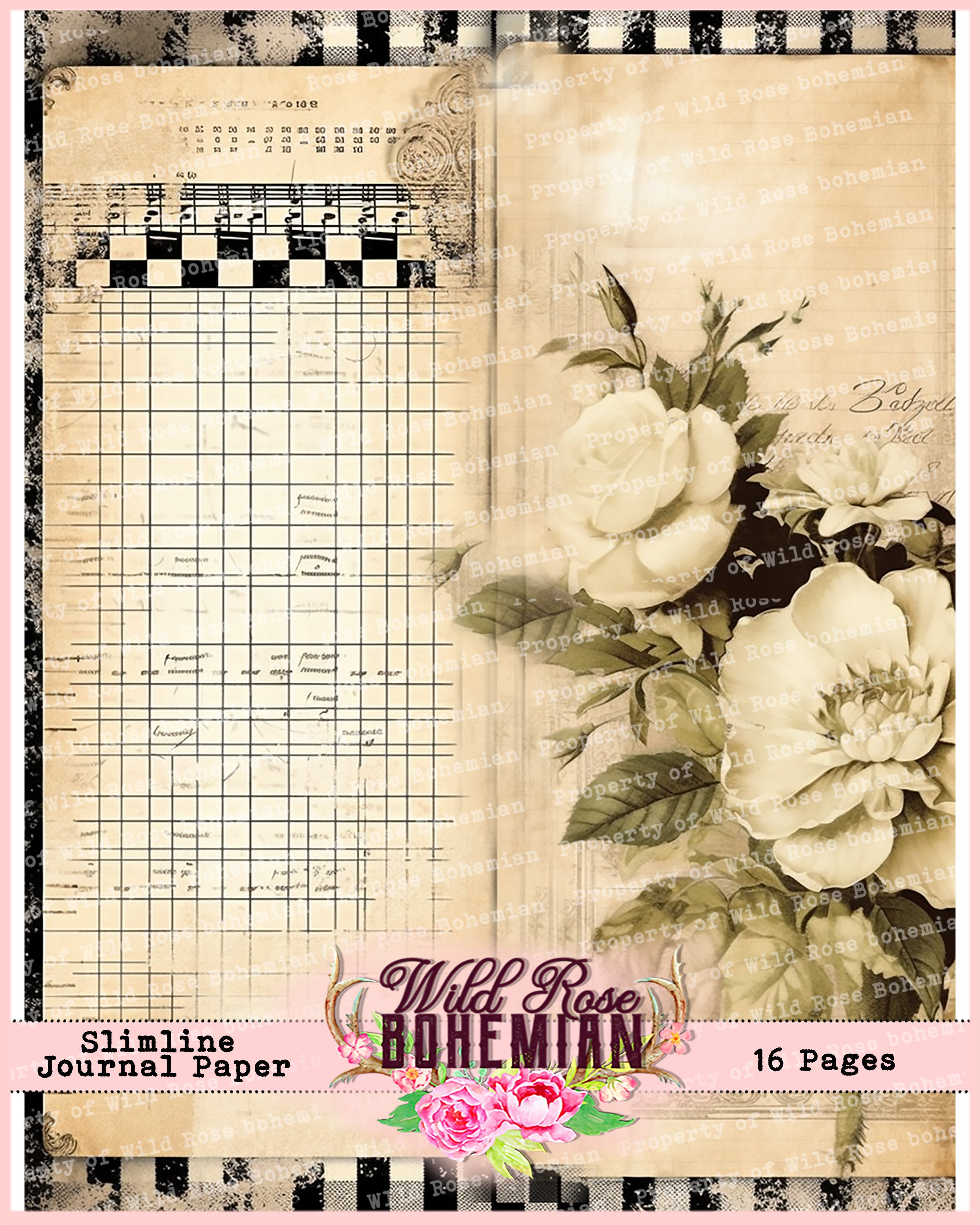 Farm Paper Slimline Journal Digital, Farmhouse Black Gingham and Rose ...