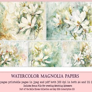 Watercolor Magnolia Paper: Green & Cream Floral Printable (digital ...